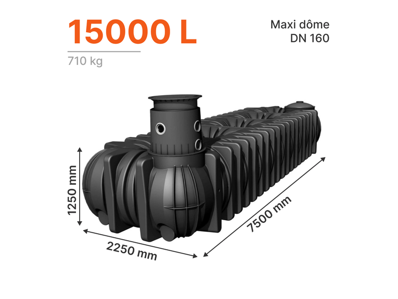 Cuve de stockage d'eau de pluie EXTRA PLATE à enterrer PLATINE XL de 15000L avec maxi dôme DN160 ...